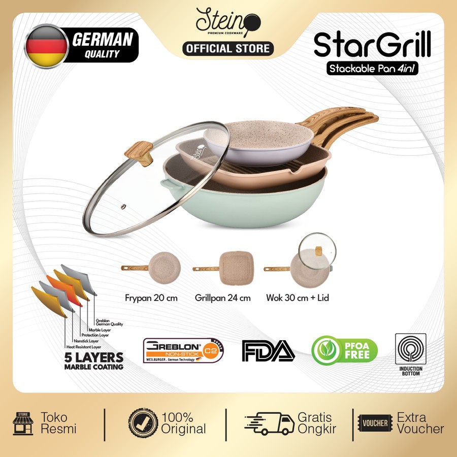 Jual Panci Set Steincookware STAR GRILL Pan 4 in 1 Panci Tumpuk Stackable Wok Pan Frypan Granite ...