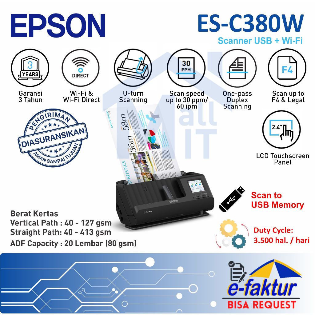 Jual MALLIT EPSON Scanner Portable ES-C380W ESC380W ES C380W Duplex ADF F4 Legal LCD Touchscreen ...