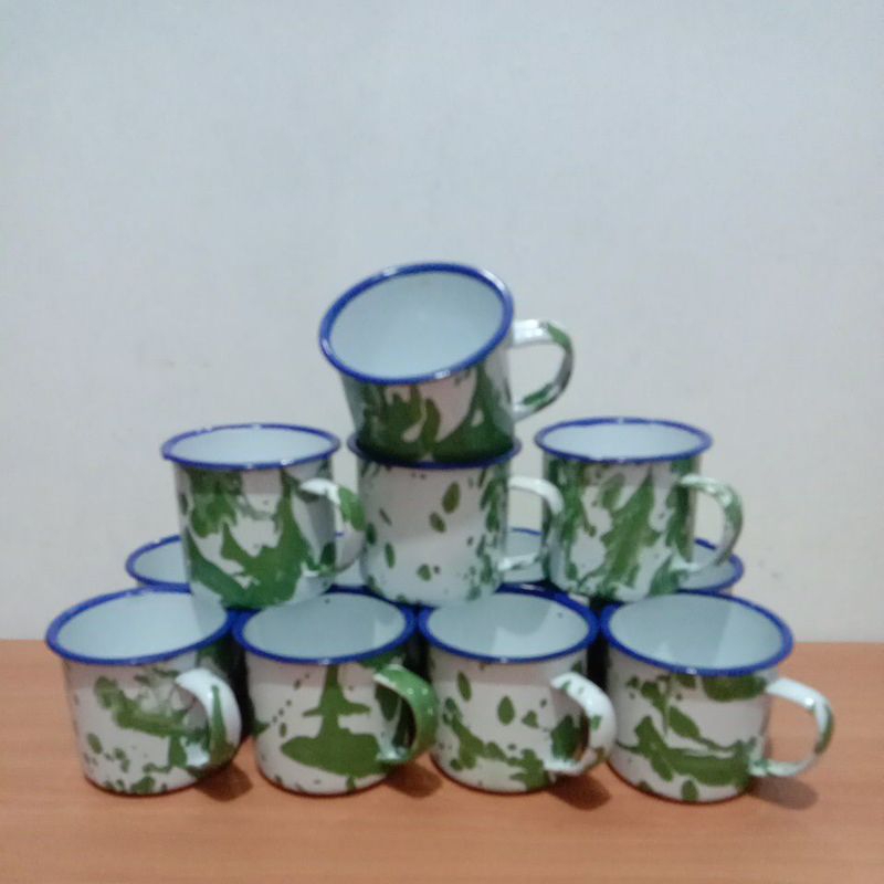 Jual 12pcs/6pcs Cangkir Enamel Blirik Hijau Putih 7cm Gelas Jadul ...