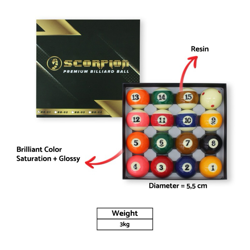 Jual Bola Billiard Biliar Ball Best Quaility merk Scorpion Premium plus ...