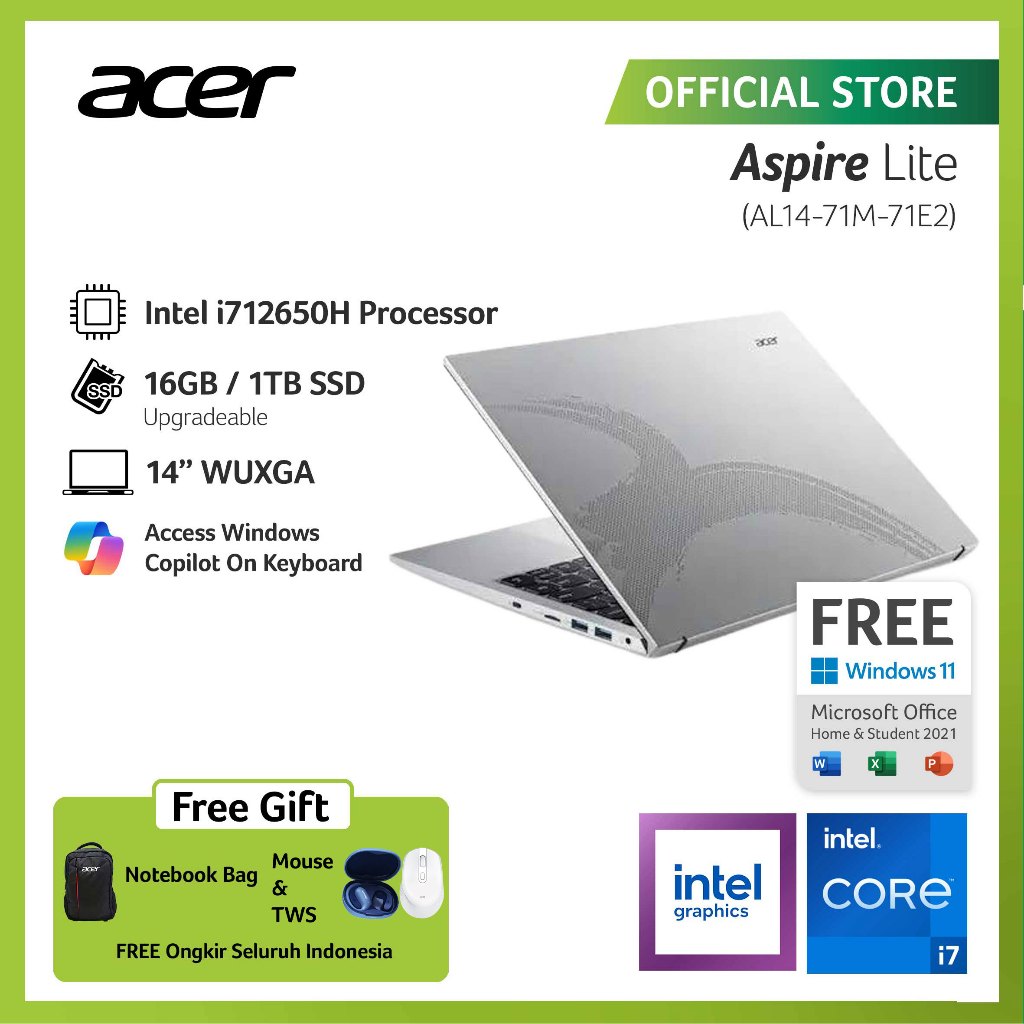 Jual (FREE WIRELESS MOUSE & TWS) ACER LAPTOP ASPIRE LITE AL14-71M-71E2 ...