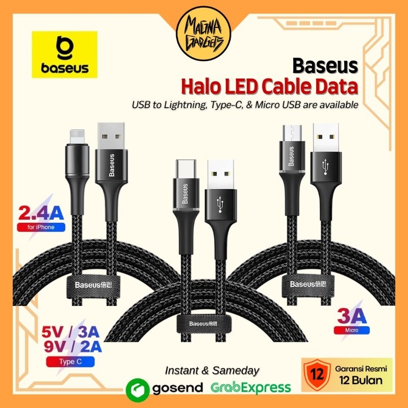 Jual BASEUS Kabel Data HALO LED USB A to Type C / Lightning / Micro USB ...