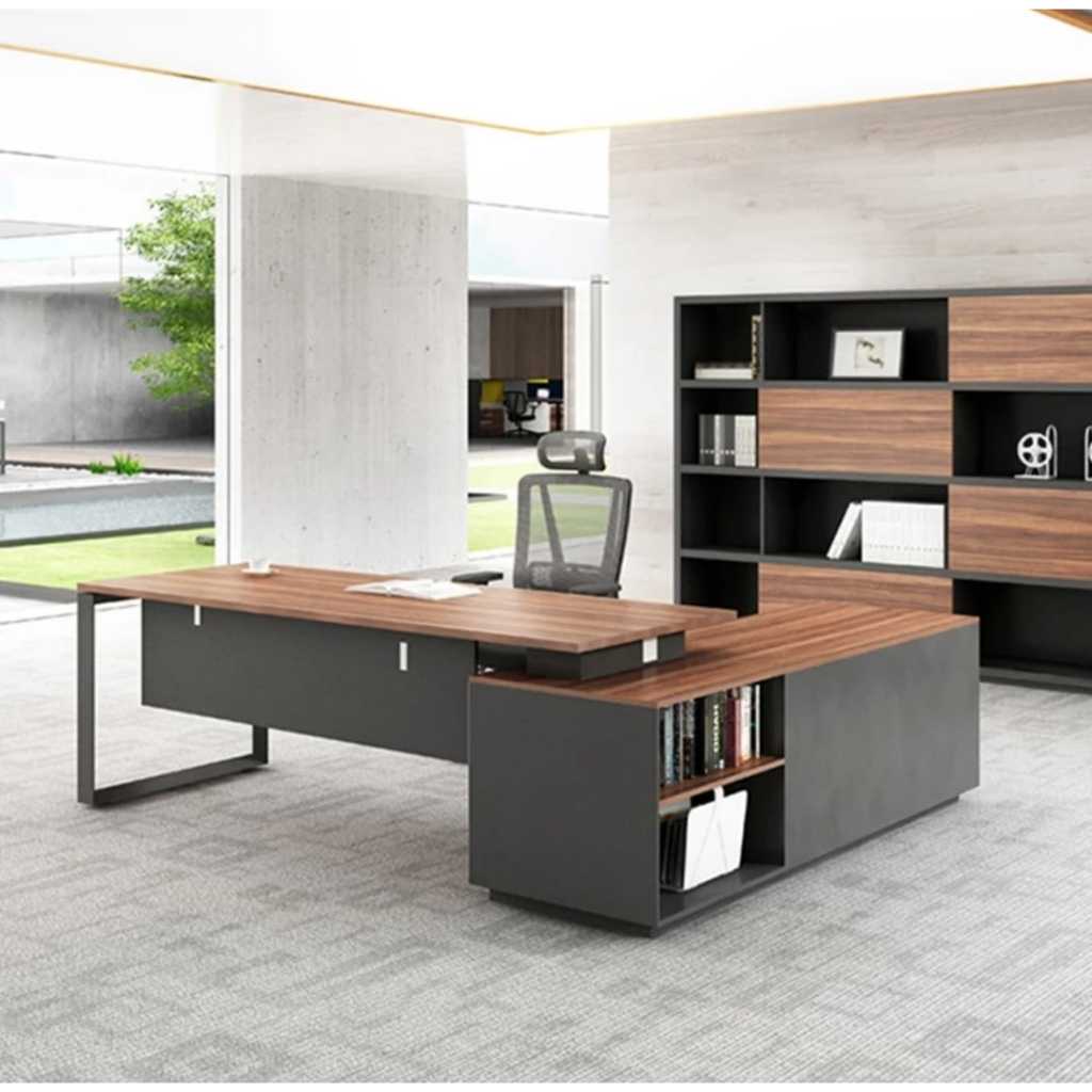 Jual Meja direktur Model L dengan Laci Kaki Besi Custom HPL Multiplek ...