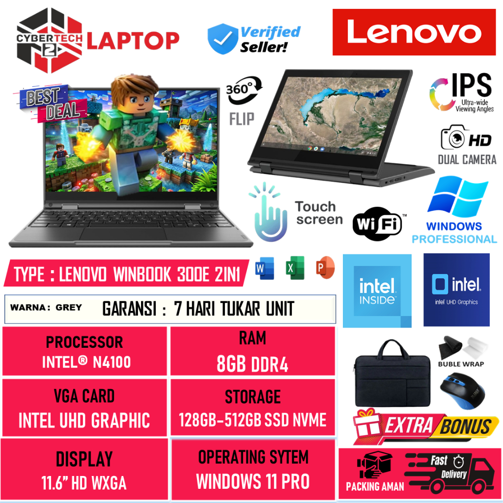 Jual PROMO Laptop LENOVO Winbook 300E 2in1 Intel N4100 8GB 256GB SSD ...