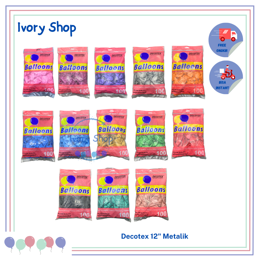 Jual Balon Latex 12" Decotex Metalik Tebal 12 inch Glossy 1 pak isi 100 ...