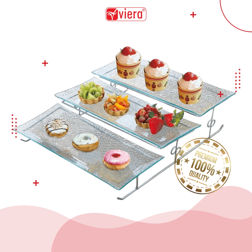 Jual Viera - Serving Tray 3 pcs Rectangle Glass Metal Rack Wadah Saji ...