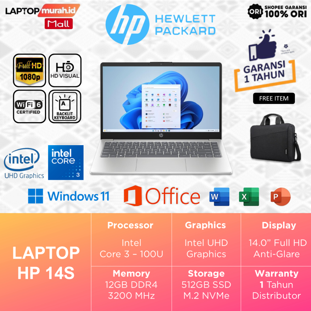 Jual Laptop HP 14 Core 3-100U 12GB 512GB Intel UHD 14.0" Full HD ...