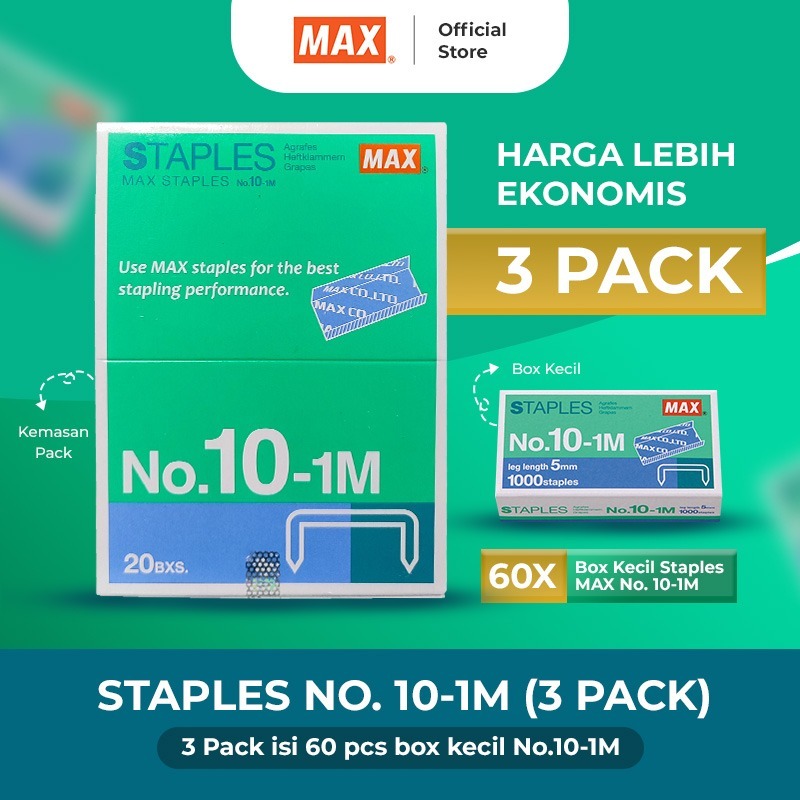 Jual MAX STAPLES / ISI STAPLES N0.10-1M PACK / INNER ISI 20PCS - 3 PACK ...