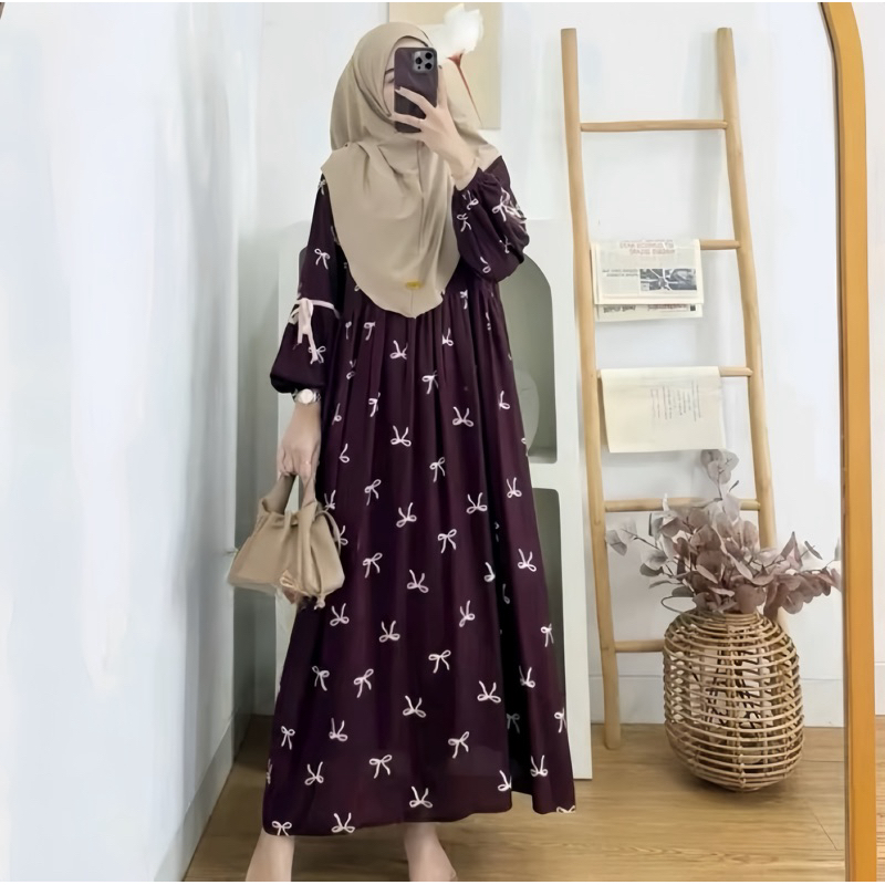 Jual Aurel Dress Motif Pita Model Lengan Balon Bahan Rayon premium ...