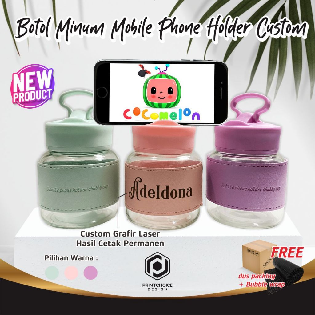 Jual Botol Minum Kaca Custom Mobile Phone Holder Mini 300Ml Free Bubble ...