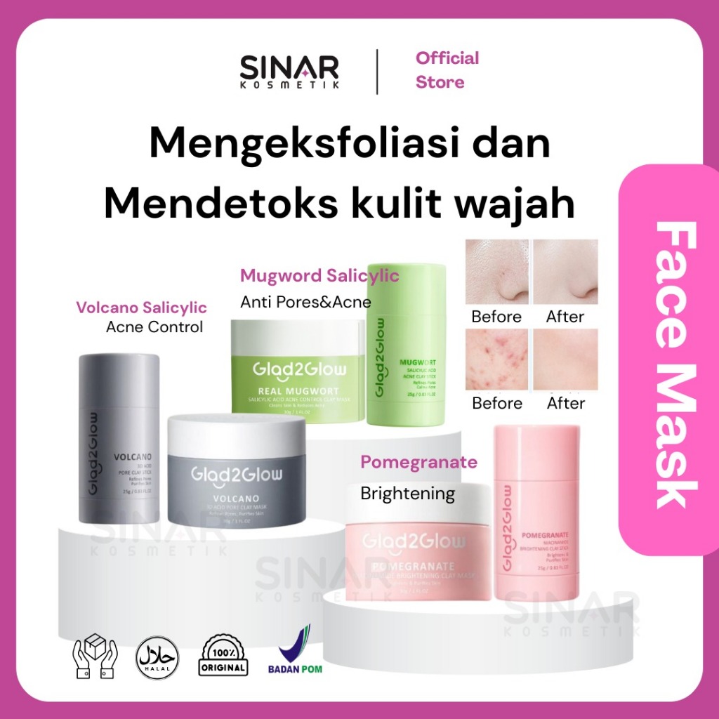 Jual Glad2Glow Face Mask Clay Series | Pomegranate Niacinamide Brightening / Mugwort Salicylic ...