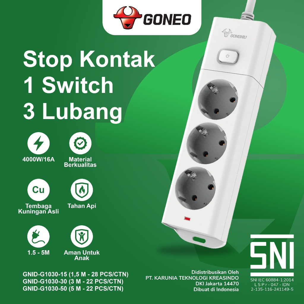 Jual GONEO-G1030 Stop Kontak Saklar On Off Panjang 1,5/3/5 Meter 3 lubang terminal kuningan Anti ...