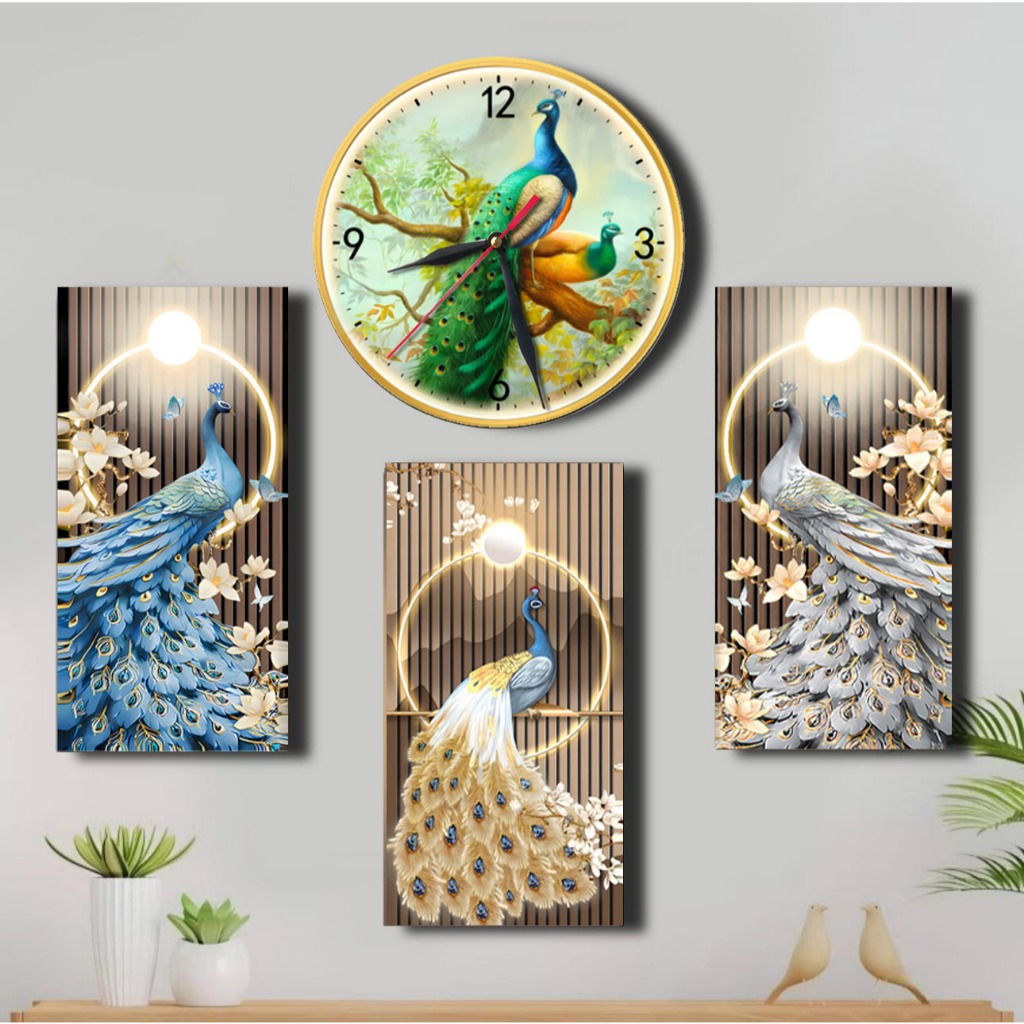 Jual Jam Dinding Aesthetic 1 SET dapat 4 Hiasan Dinding Burung Merak ...