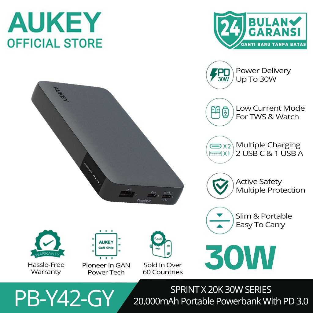 Jual AUKEY Powerbank 20000mah PB-Y42 USB C 30W PD 3.0 Slim | Shopee ...