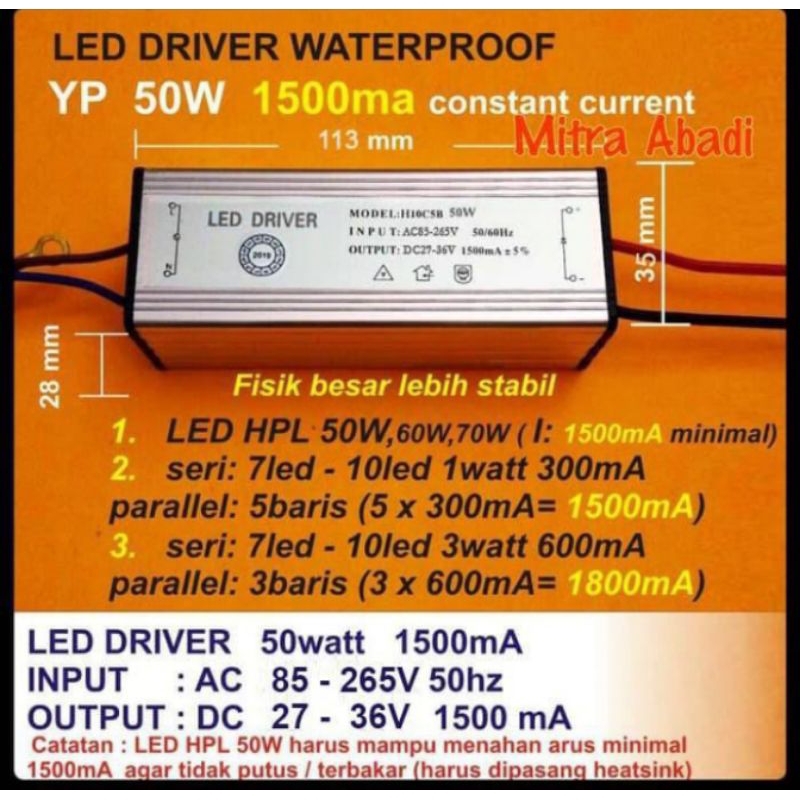 Jual LED DRIVER 50 WATT 1500 MA CASING BESI WATERPROOF | Shopee Indonesia