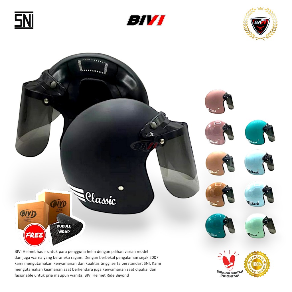 Jual HELM BIVI Bogo Classic Polos Solid SNI Half Face Retro + Kaca Pria ...