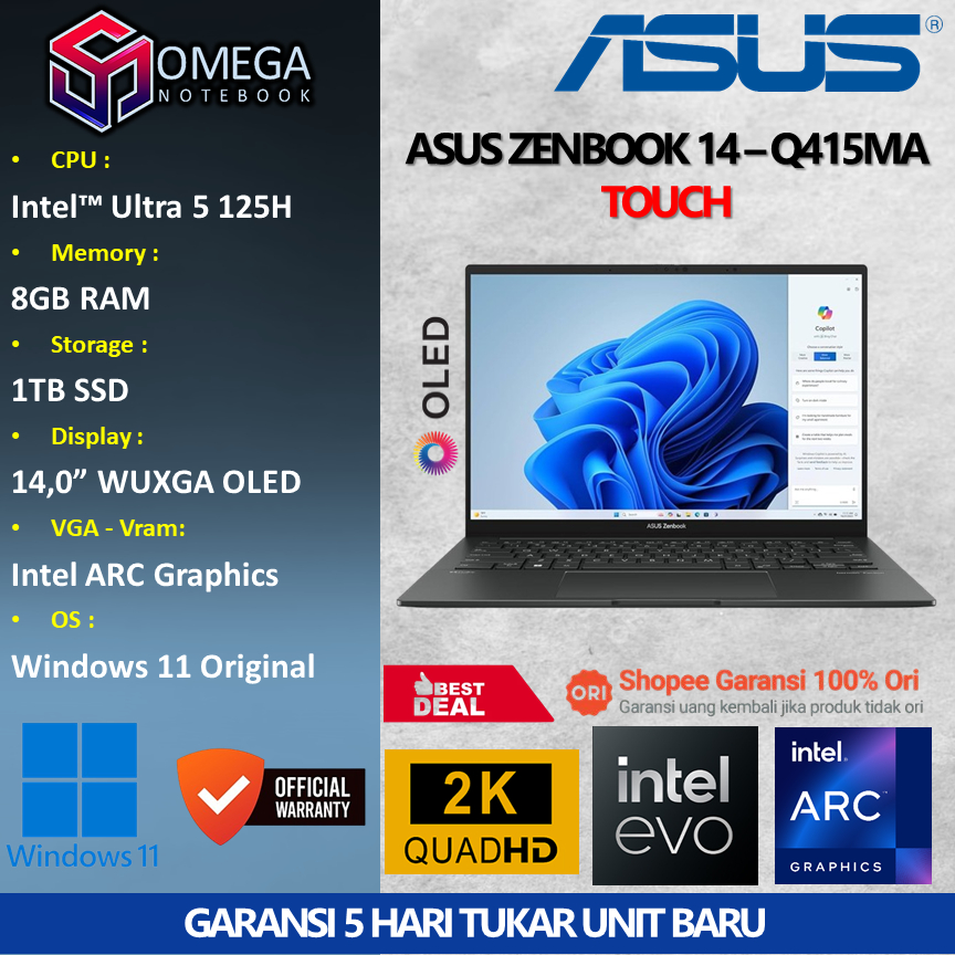Jual ASUS ZENBOOK 14 OLED TOUCH Q415MA Ultra 5 125H 8GB 1TB ARC ...