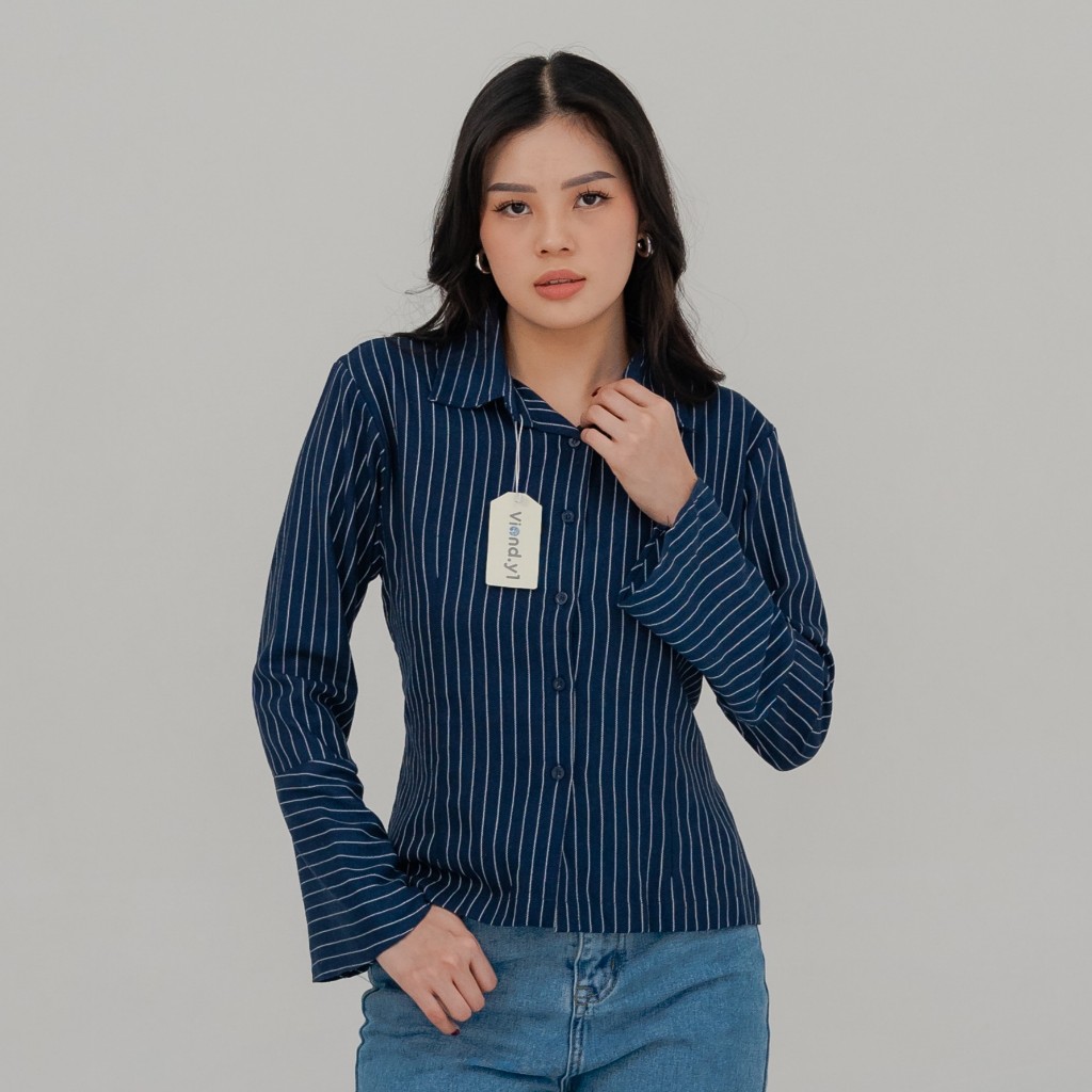 Jual Blouse Salur Linen Kemeja Wanita / Atasan Stripe Cewek Korea Slim ...