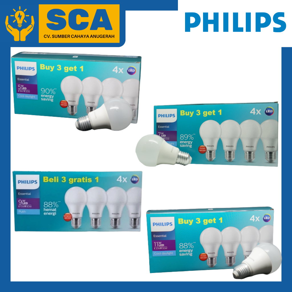 Jual LAMPU LED PAKET PHILIPS ESSENTIAL LED E27 MULTIPACK PUTIH 5 7 9 11 W PAKET ISI 4 GRATIS 1 ...