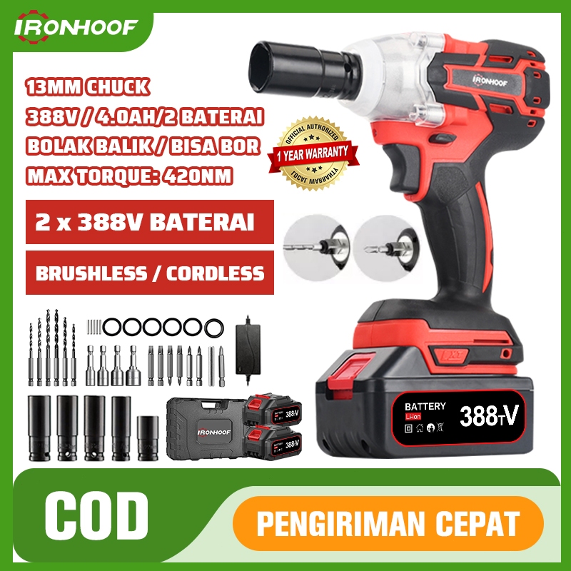 Jual IRONHOOF 388V Brushless Mesin bor Impact Baterai 13MM Cordless ...