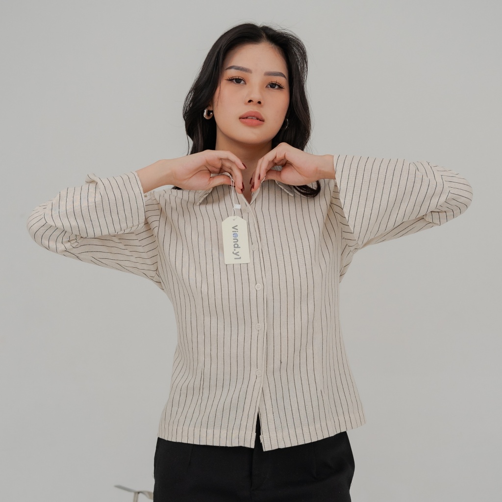 Jual Blouse Salur Linen Kemeja Wanita / Atasan Stripe Cewek Korea Slim ...