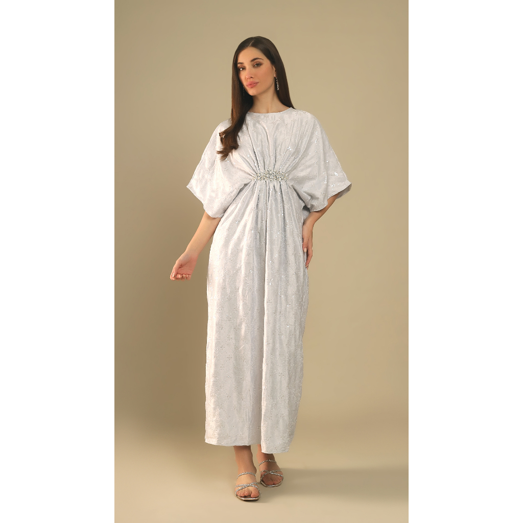 Jual CHIC SIMPLE SEQ JACQ RUCHED KAFTAN WITH CRYSTAL BROOCH KAFTAN ...