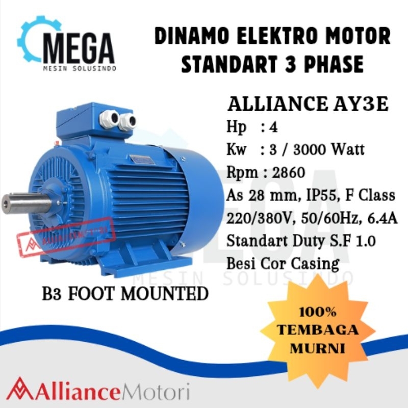 Jual Alliance Dinamo 3 Phase 4 HP 3 KW 2800rpm 100% LILITAN TEMBAGA -- Electro Motor Duduk AY3E ...