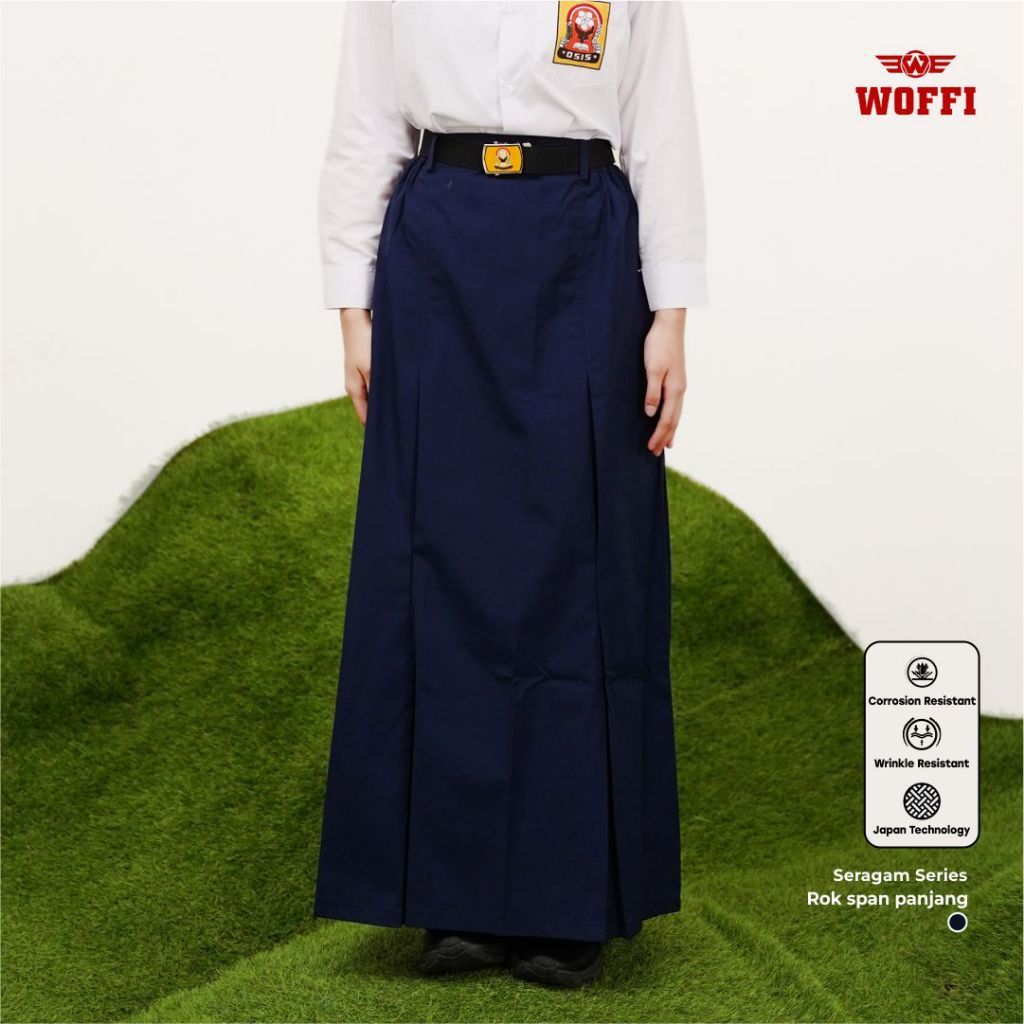 Jual Seragam SMP Woffi Rok Span Panjang Karet dan Ban Biru | Shopee Indonesia