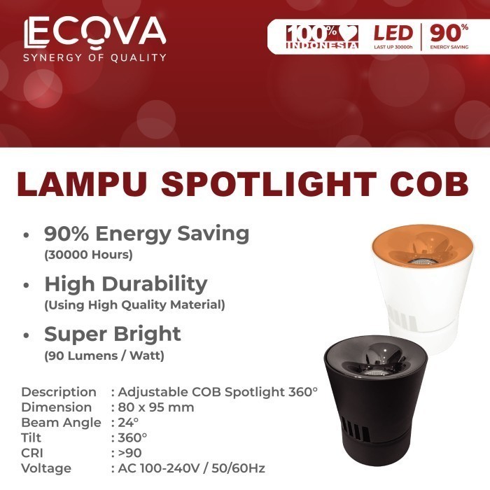 Jual ECOVA Lampu LED Sorot Downlight Outbow 7W COB 360° Spotlight COB OB Tempel 7Watt Ecova 360D ...