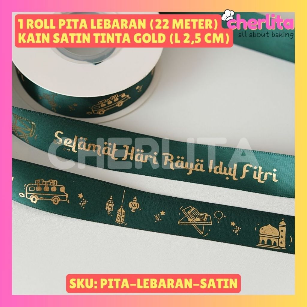 Jual READY Pita Lebaran Satin 22 Meter Idul Fitri Hampers Emboss Gold ...