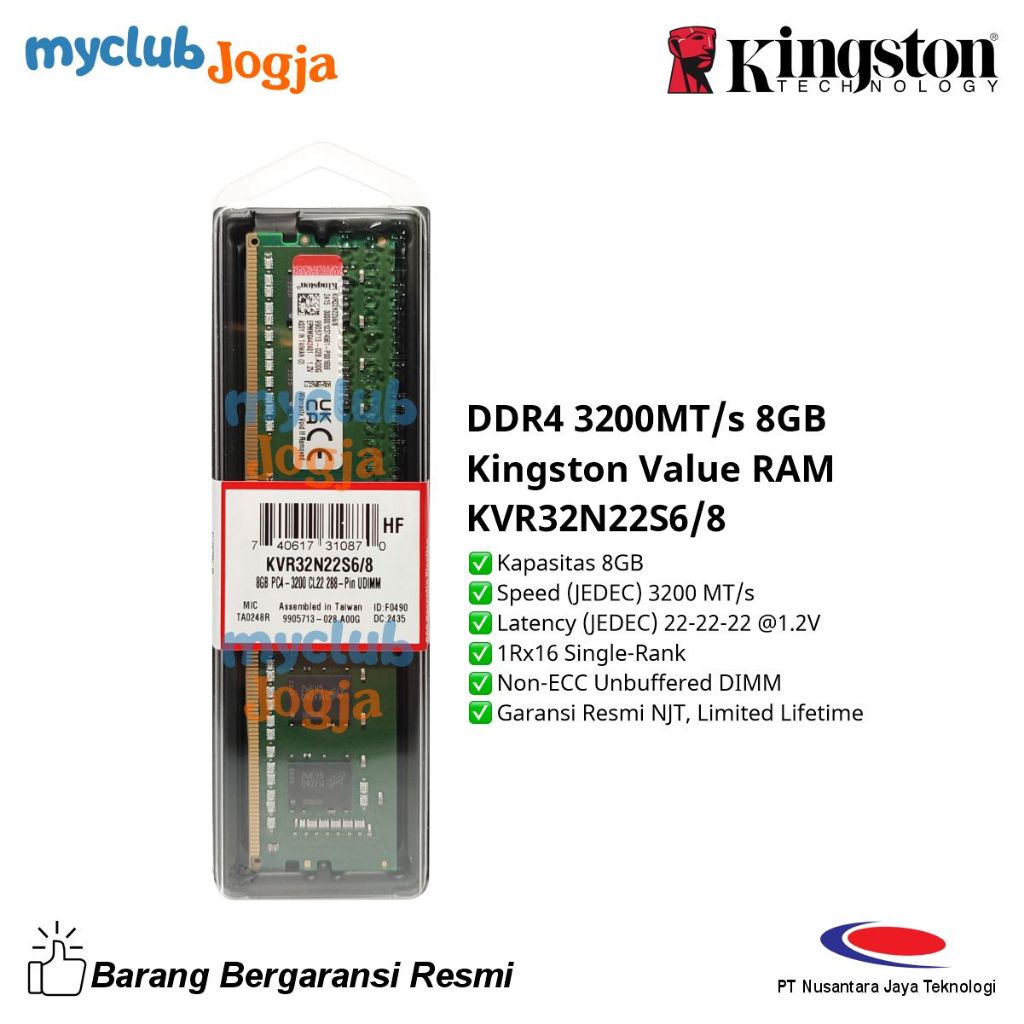Jual RAM DDR4 8GB (8GBx1) 3200MHz PC25600 Kingston Value RAM KVR32N22S6/8 | Shopee Indonesia
