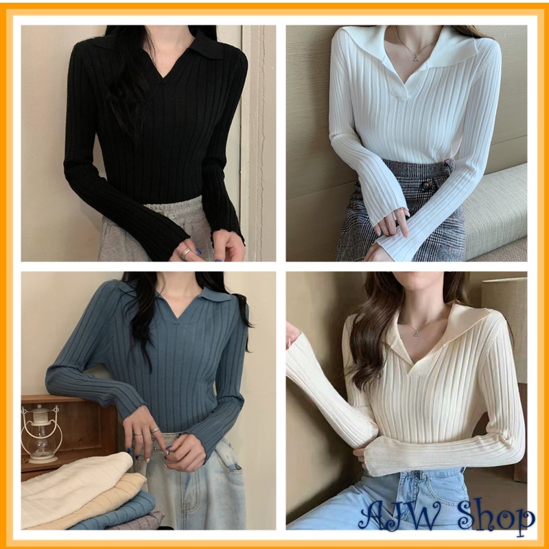 Jual AJW Atasan Wanita Berkerah Rajut Import TU | Kaos Rajut Lengan Panjang Kerah | Baju Rajut ...
