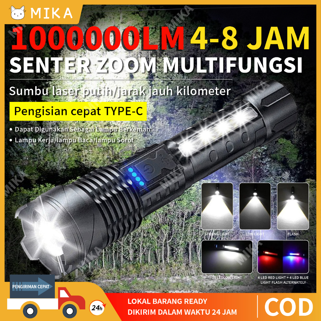 Jual Senter LED Super Terang 1000000 Lumens Jarak Jauh Ringan Tahan Air IPX4 Zoom 6 Mode dengan ...