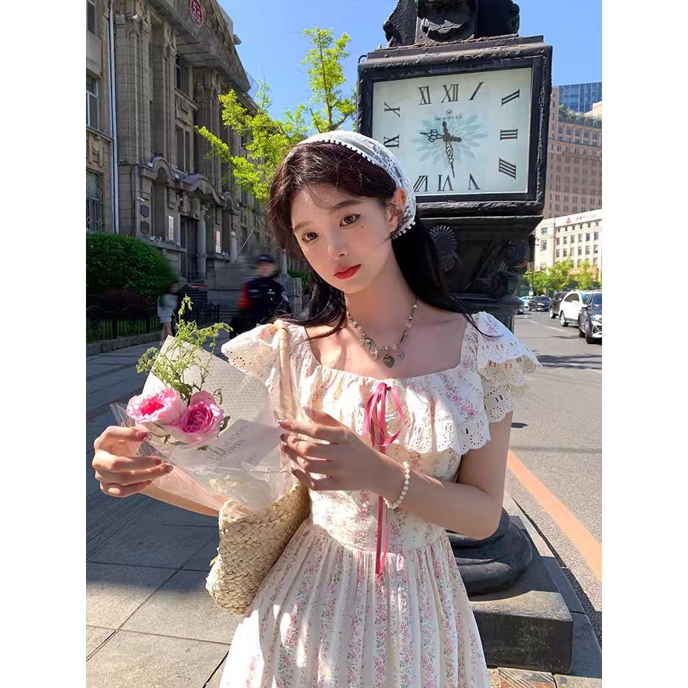 Jual Gaun Floral Ruffle Leher Persegi Prancis Dress Musim panas merah ...