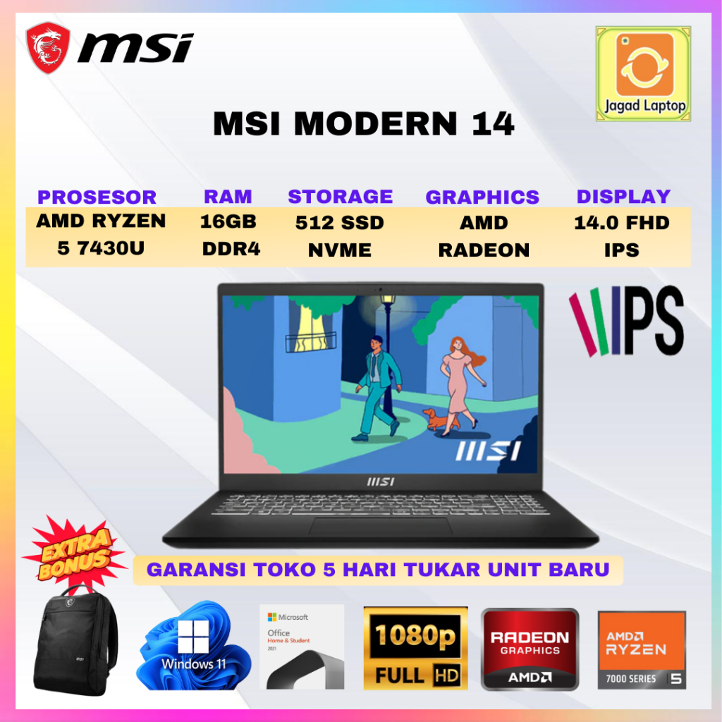 Jual MSI Modern 14 Amd Ryzen 5 7430 Ram 16Gb 512Ssd Fhd Ips Garansi ...