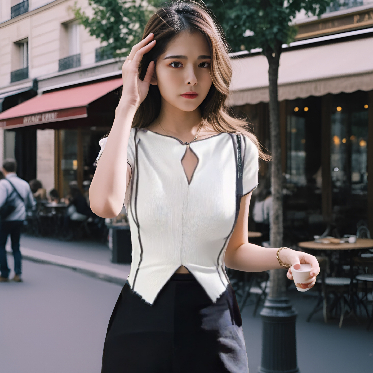 Jual [Premium]Boat Neck Short Sleeve Hollow out Split Crop Top 1680 (S ...