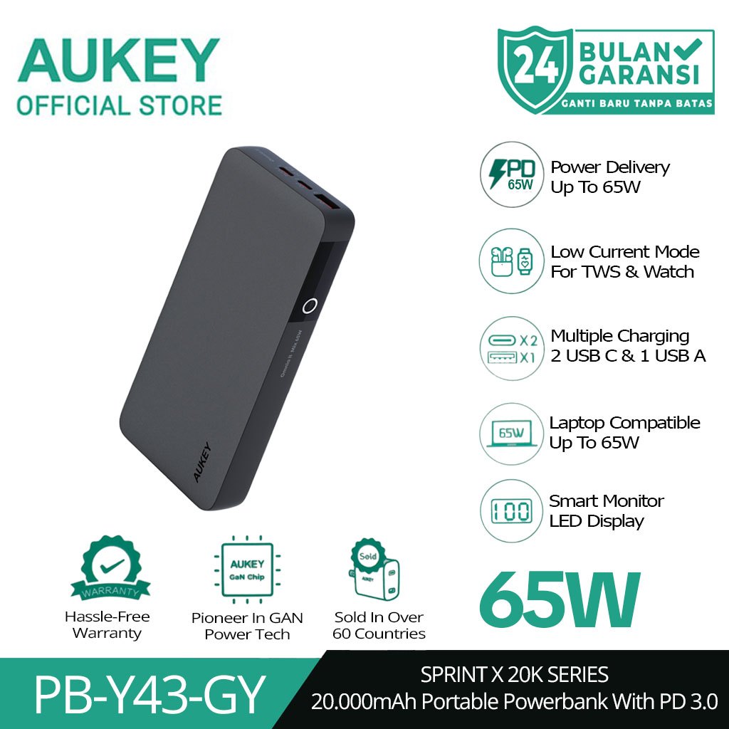 Jual [FS] AUKEY Powerbank 20000mah USB C 65W PD 3.0 Slim PB-Y43 | Shopee Indonesia