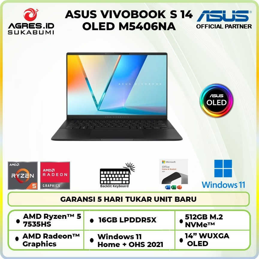 Jual Asus Vivobook S14 OLED M5406NA Ryzen 5-7535HS 16GB 512GB SSD 14″ WUXGA OLED Win 11 Home+OHS ...