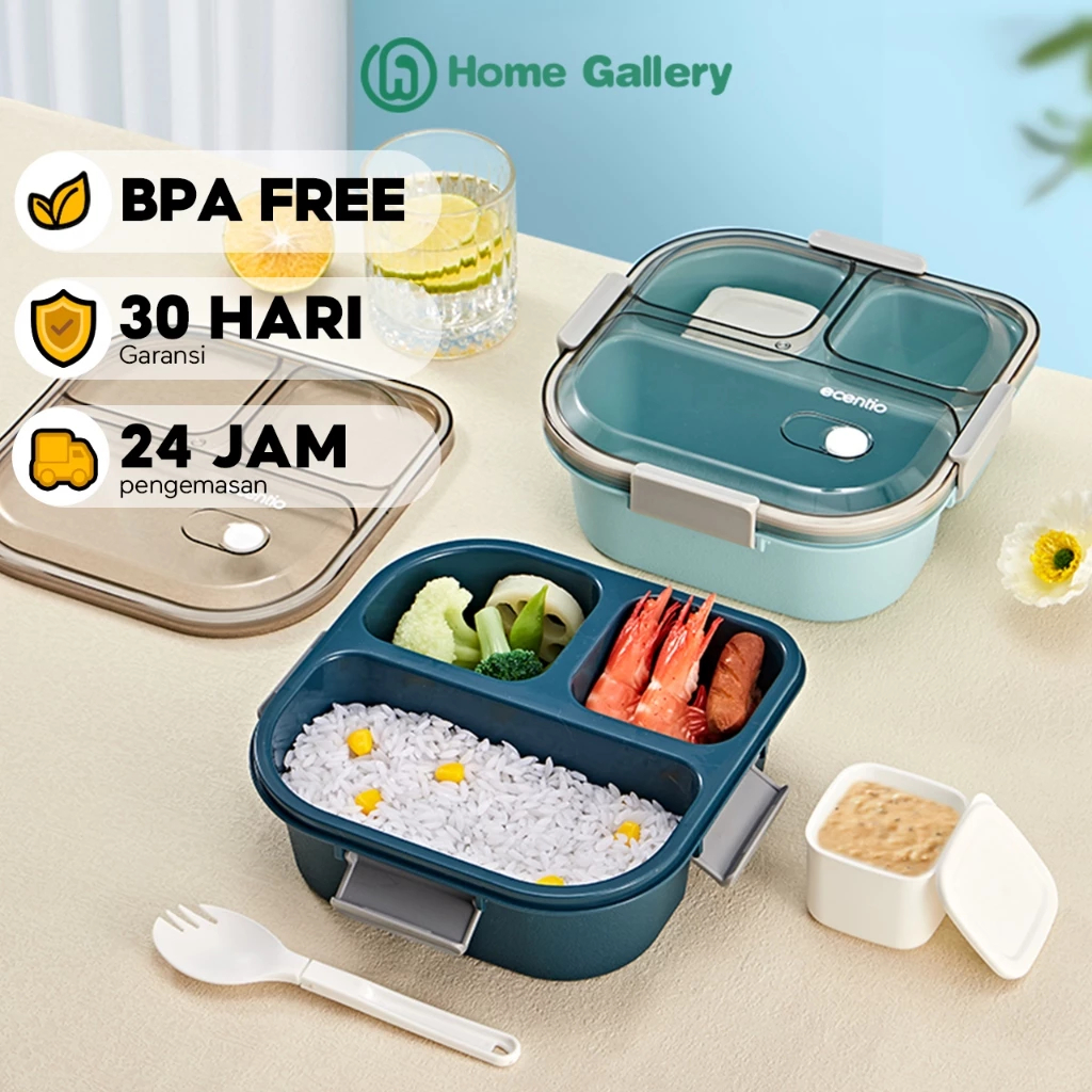 Jual ecentio Kotak Makan 3 Grid 1100ml+100ml lunch box tempat sendok wadah bekal anti tumpah ...