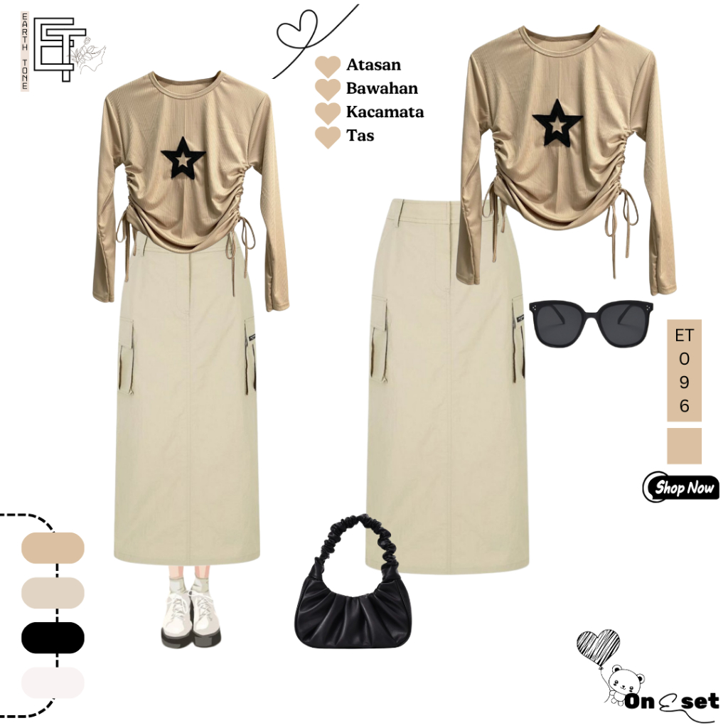 Jual One Set Wanita Korean Style - Baju Serut + Rok Cargo + Tas Rantai ...