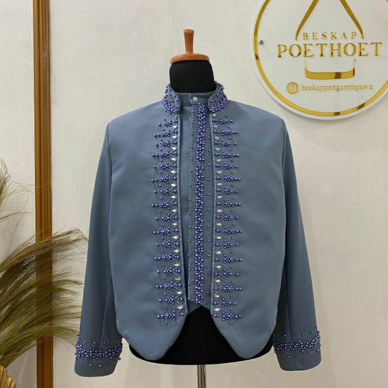 Jual Beskap pengantin Jawa krowak biru denim blue Payet simple elegan ...