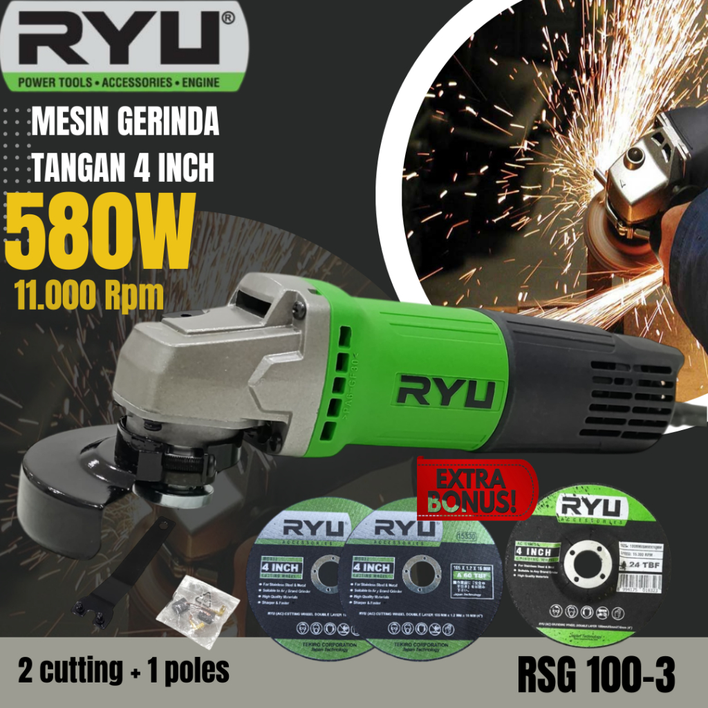 Jual RYU Mesin Gerinda Tangan 4 Inch / RSG 100-3 Angle Grinders 4" Gurinda Promo Free Batu ...