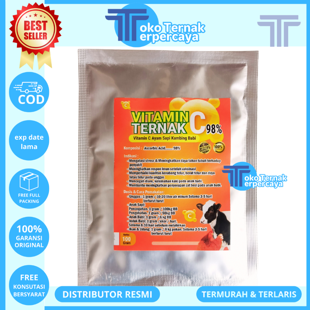 Jual VITAMIN C TERNAK 98% 100 GRAM - Meningkatkan Daya Tahan Tubuh Ternak Unggas Ayam Babi Pedet ...
