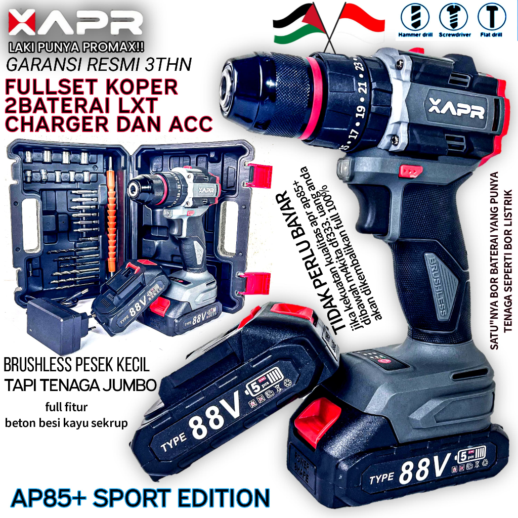 Jual APR AP85+ MESIN BOR BATERAI 88V 2 baterai KEPALA BOR BESI 10MM BOR ...