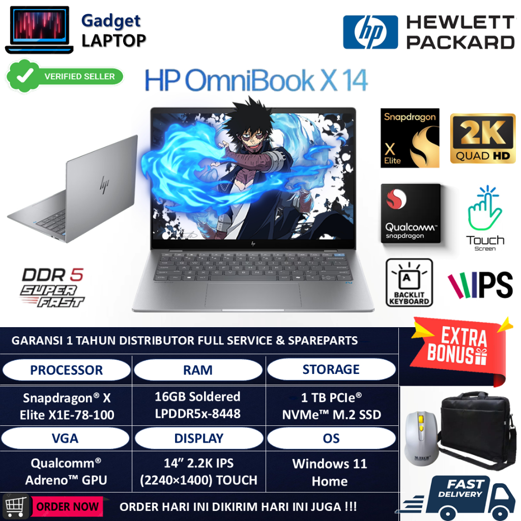Jual Laptop HP OmniBook X 14 SNAPDRAGON X ELITE X1E78100 16GB DDR5 1TB ...