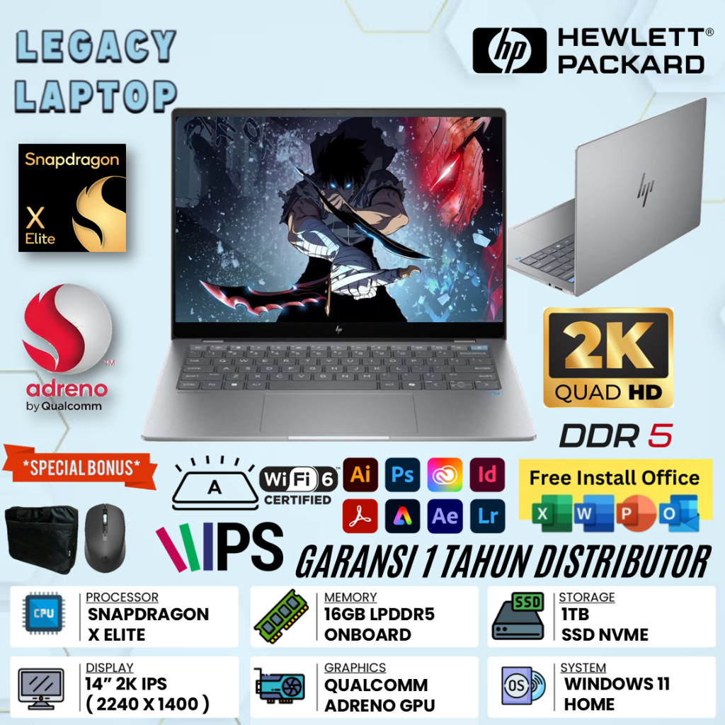 Jual Laptop Hp Omnibook X 14 Snapdragon X Elite Ram 16GB 1TB SSD Qualcomm Adreno 14" 2K ...