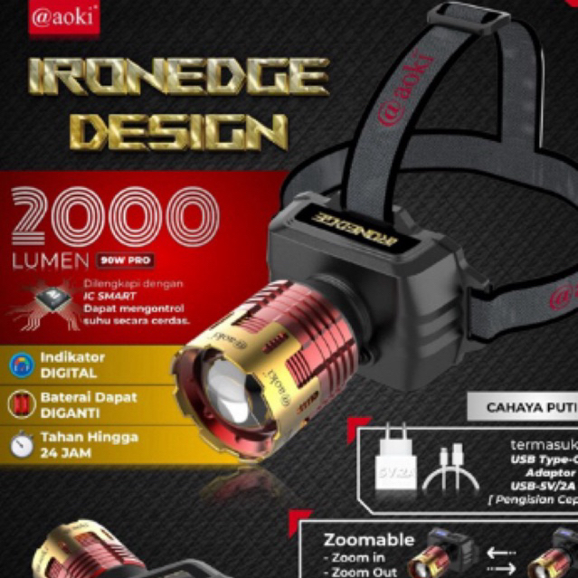 Jual new AOKI Senter Kepala Cahaya Maksimal Plus RechargePro USB-C, 80W 1300lumen 1500lumen ...