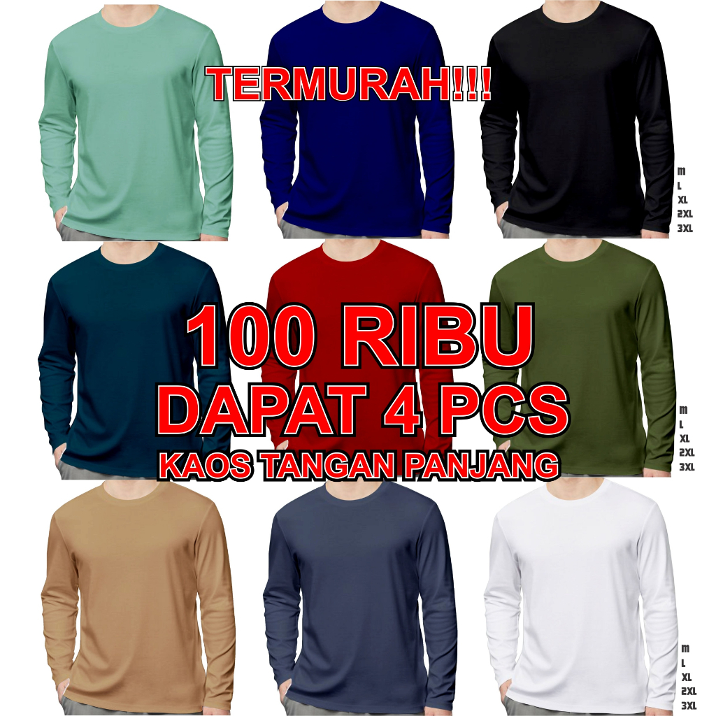 Jual ( SPESIAL ) paket hemat isi 4 pcs kaos polos lengan panjang - baju oblong reguler ukuran M ...