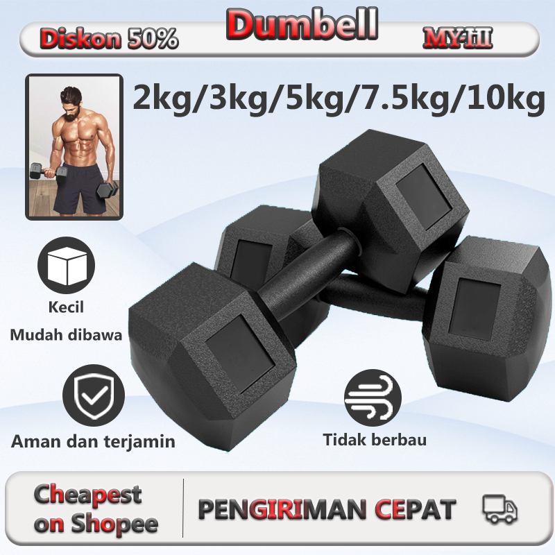 Jual 2/3/5/7.5/10KG / Dumbell Barbel uality Hexagonal Rubber Dumbbell Anti slip Dumbell Mini ...