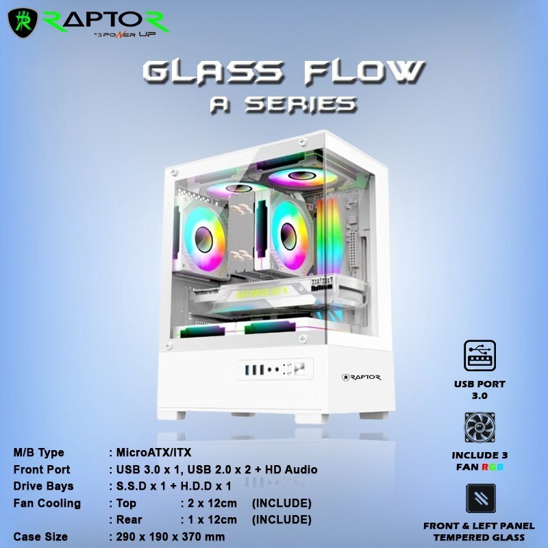 Jual Casing Gaming M-ATX / ITX Raptor Glass Flow A Free 3 Fan RGB ...